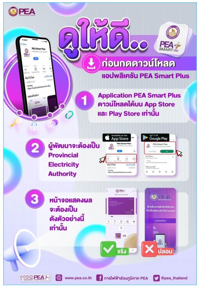 การไฟฟ้าส่วนภูมิภาค แจ้งเตือนประชาชน ดาวน์โหลดแอปพลิเคชัน PEA Smart Plus จาก App Store และ ...