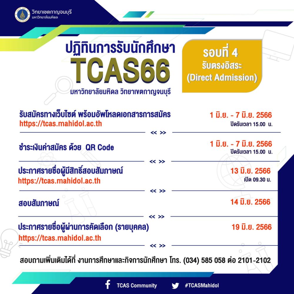 TCAS66 รอบ 4 : มหาวิทยาลัยมหิดล (บางสาขาไม่ใช้คะแนนสอบ)
