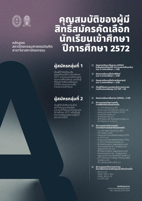 สถาปัตยฯ จุฬาฯ แจ้งปรับเกณฑ์ล่วงหน้า เพิ่มใช้ GPA ฟิสิกส์/คณิตศาสตร์ ...